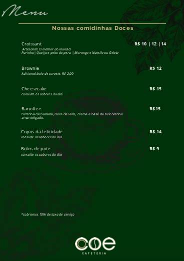 Carta de Coe Cafeteria, Brasília, Q 6 CL QD 06 CL21