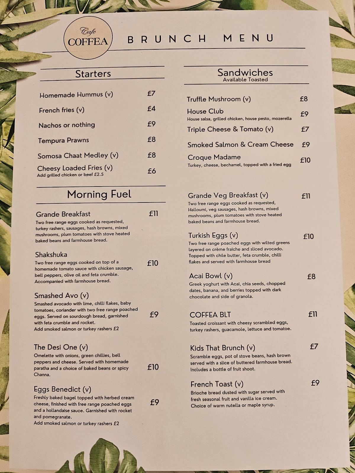 Menu at Cafe Coffea, Birmingham