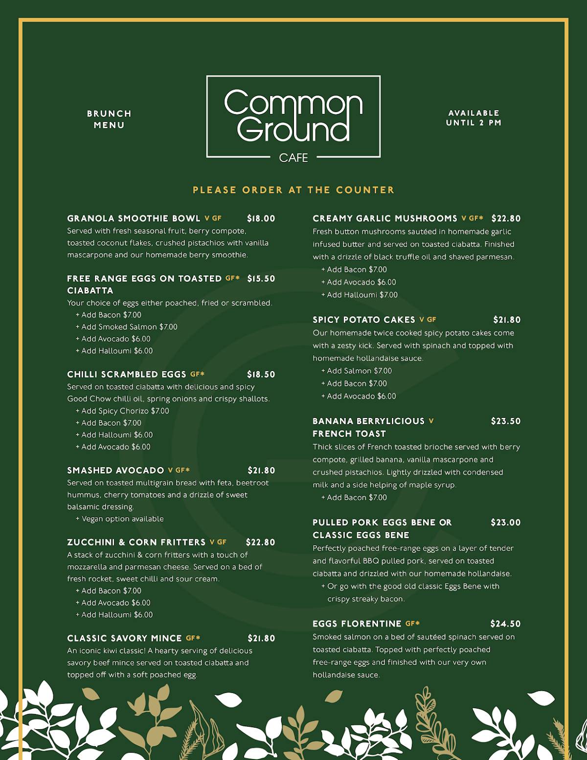 Menu at Common Ground Cafe, Wellington