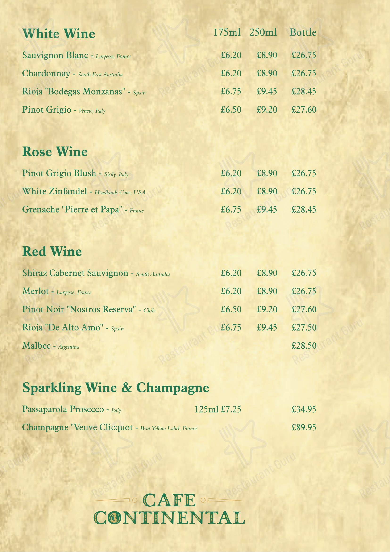 Menu at Cafe Continental, Gourock, 40 Kempock St