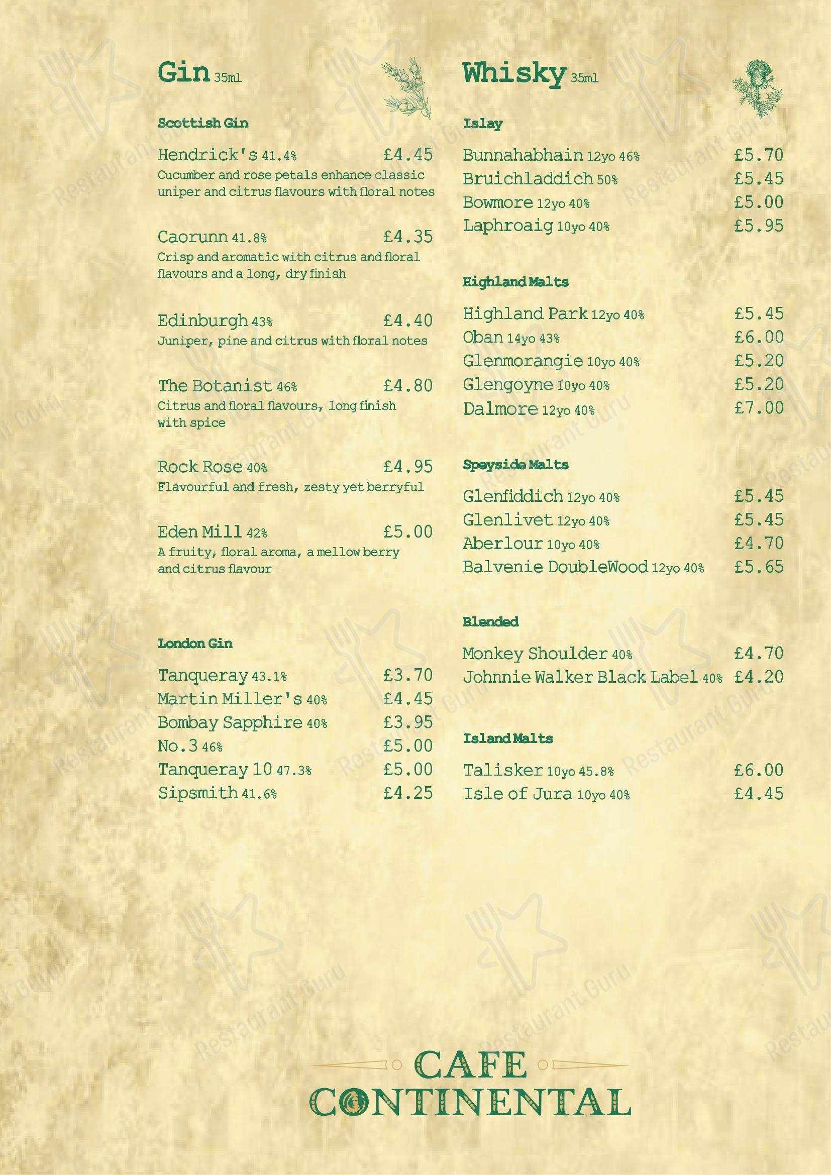 Menu at Cafe Continental, Gourock, 40 Kempock St