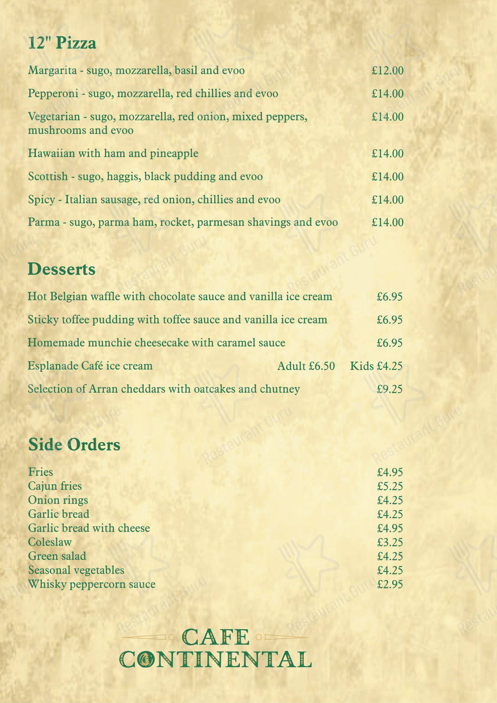 Menu at Cafe Continental, Gourock, 40 Kempock St
