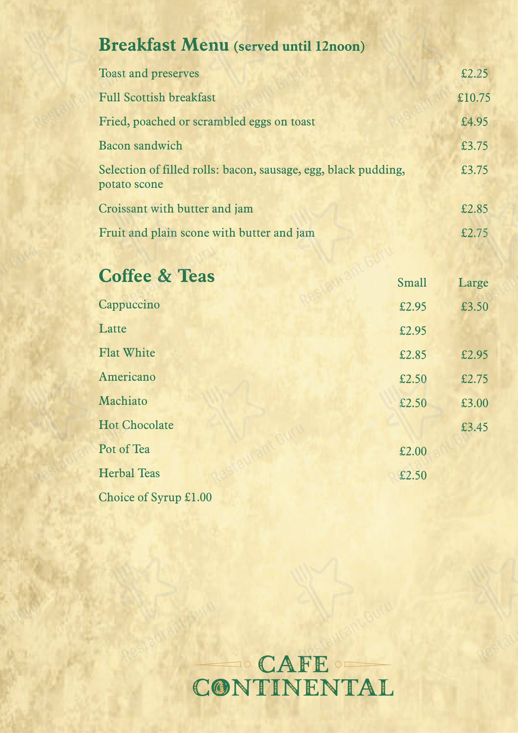Menu at Cafe Continental, Gourock, 40 Kempock St