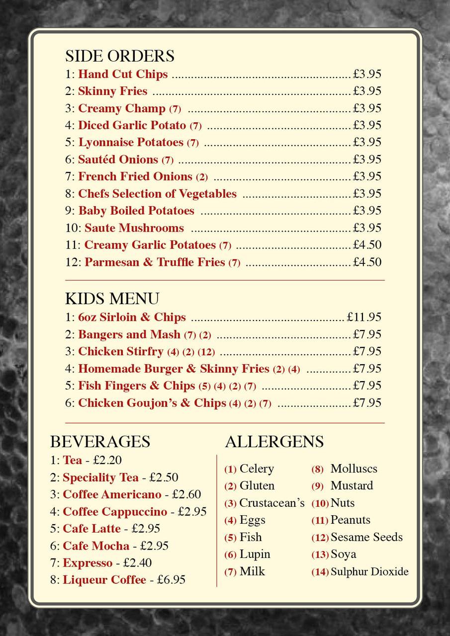 Menu at Courtneys Steakhouse, Newry, 24 Margaret Street