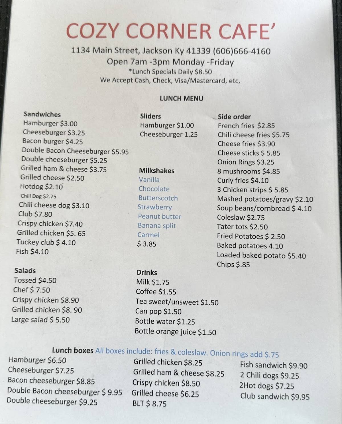 Menu at Cozy Corner Cafe, Jackson