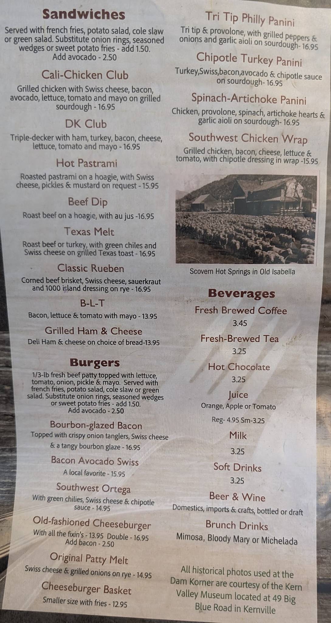 Menu at Dam Korner cafe, Lake Isabella