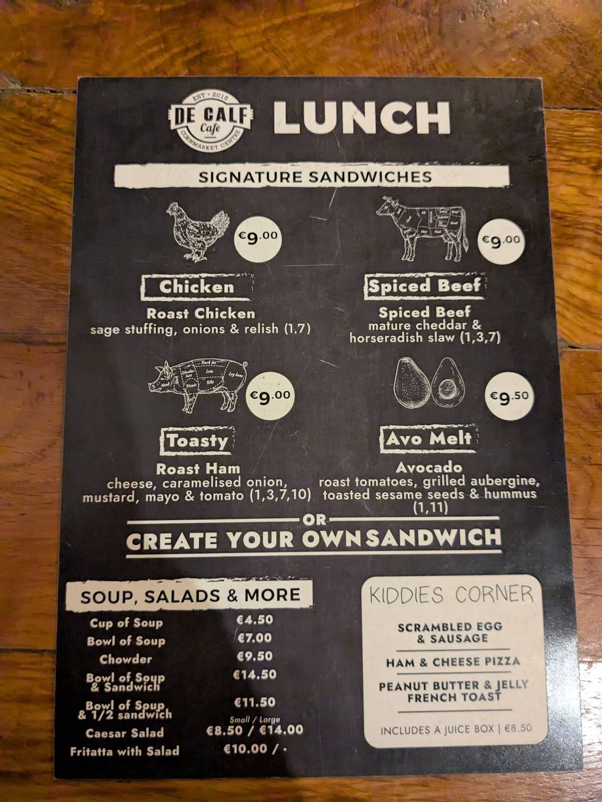 Menu at De Calf Cafe, Cork