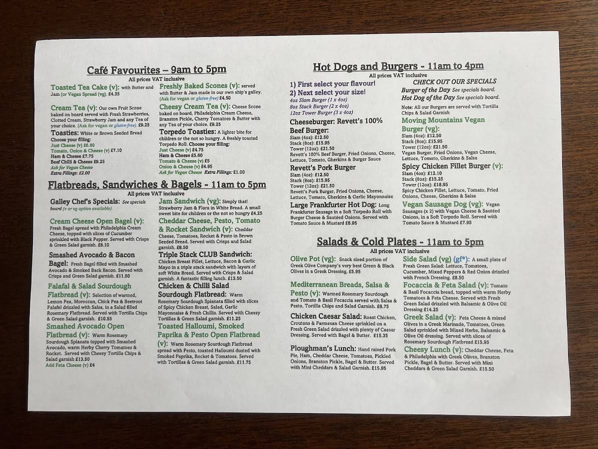 Menu at Deben Cafe Bar on HMS Vale, Melton Boatyard, Woodbridge
