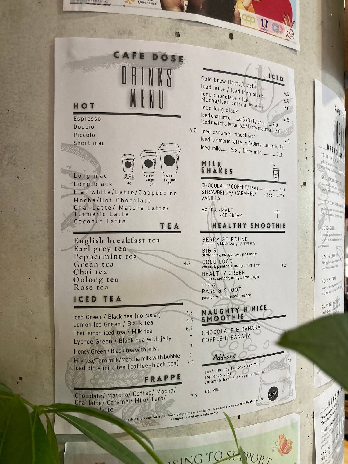 Menu at Cafe Dose, Herston, 288 Herston Rd