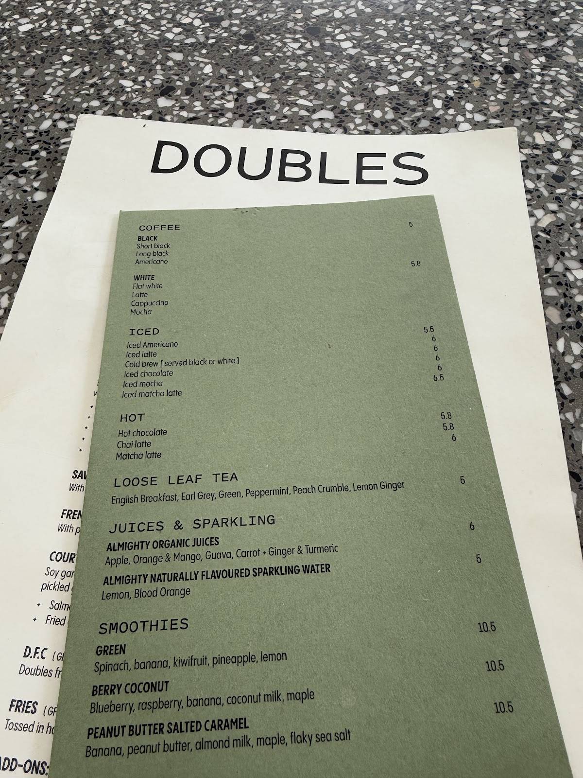 Menu at Doubles cafe, Christchurch