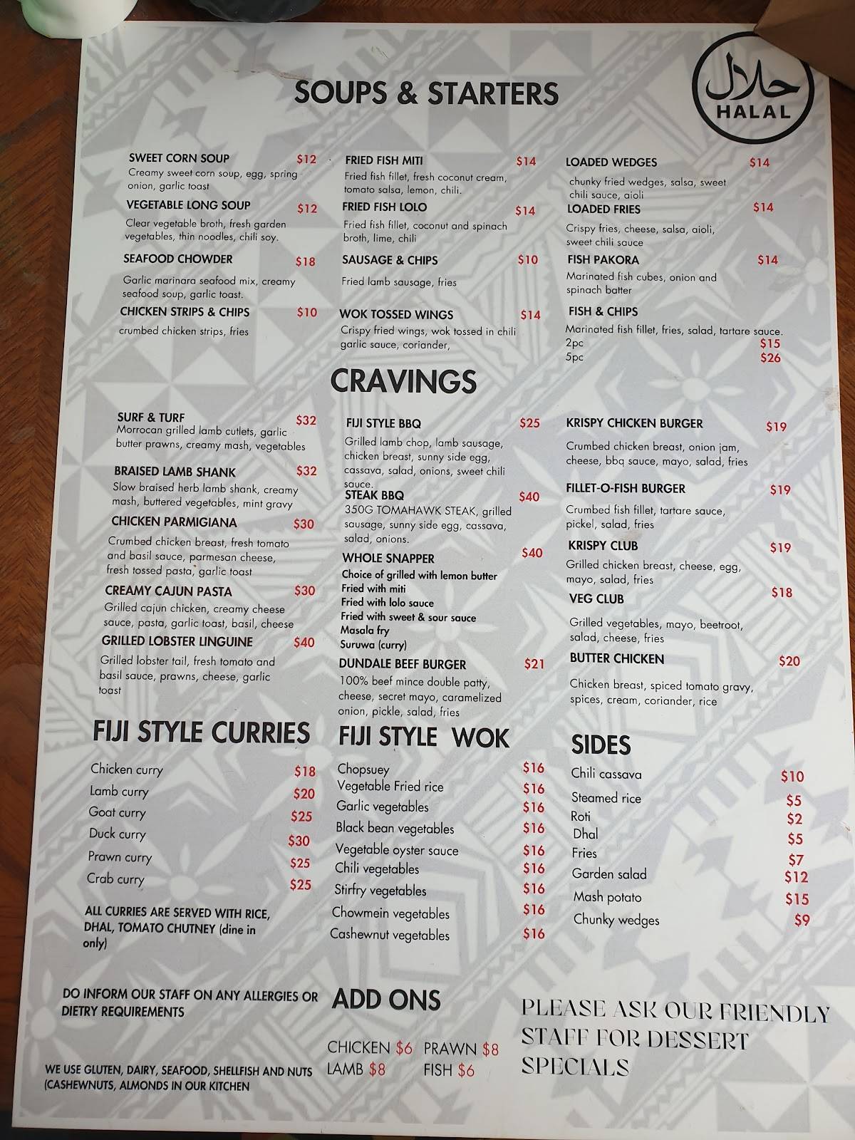 Menu at Dundale's Fusion Fijian Cafe & Eatery, Auckland