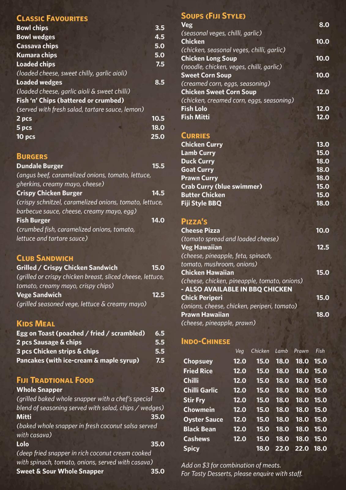 Menu at Dundale's Fusion Fijian Cafe & Eatery, Auckland