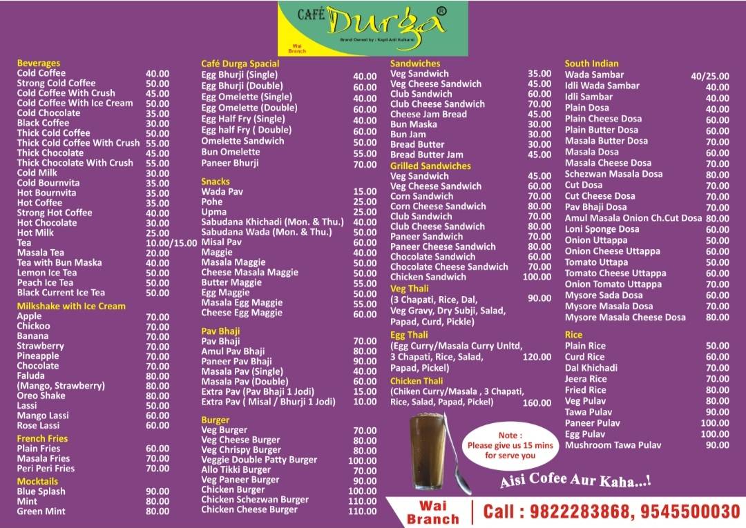 Menu at Cafe Durga, Wai, Wai