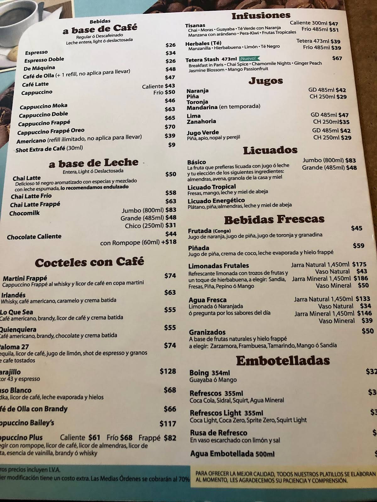 Carta de Café El Colibrí, Zapopan, Av. de Las Fuentes 68