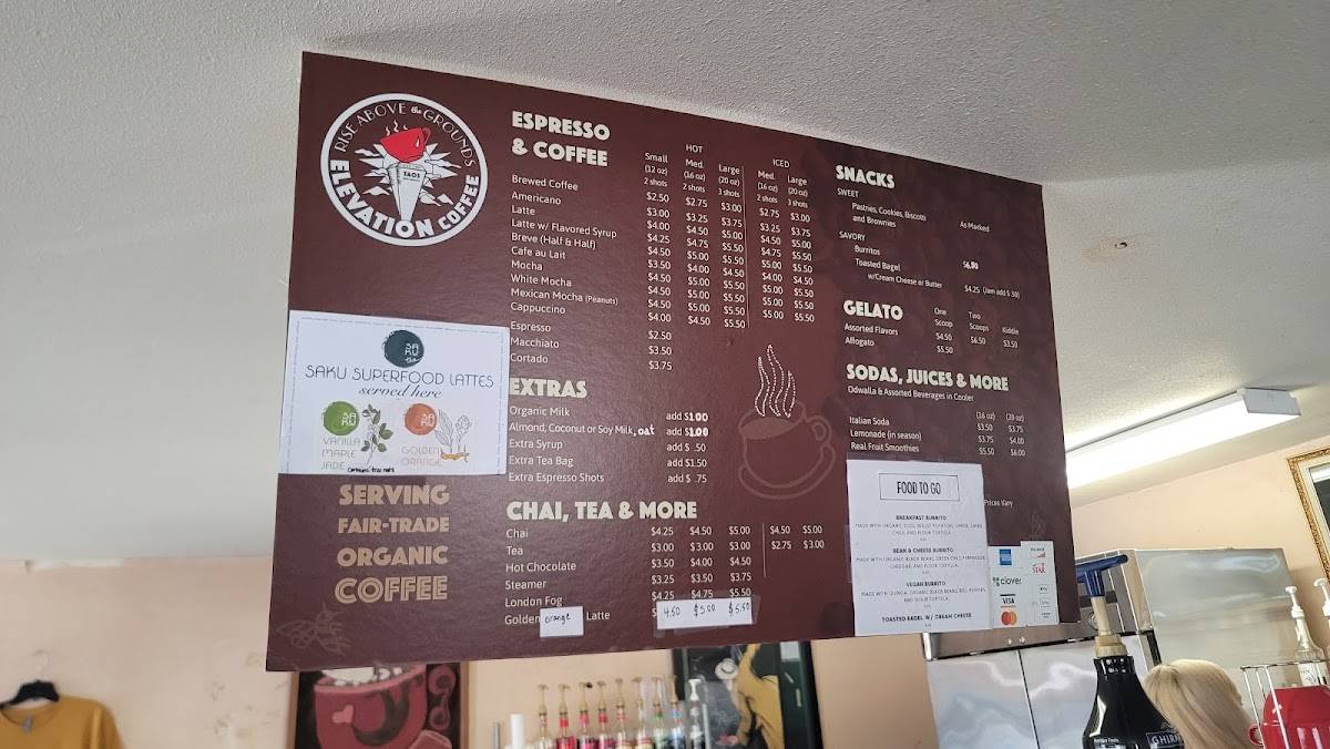 Menu at Elevation Coffee cafe, Taos