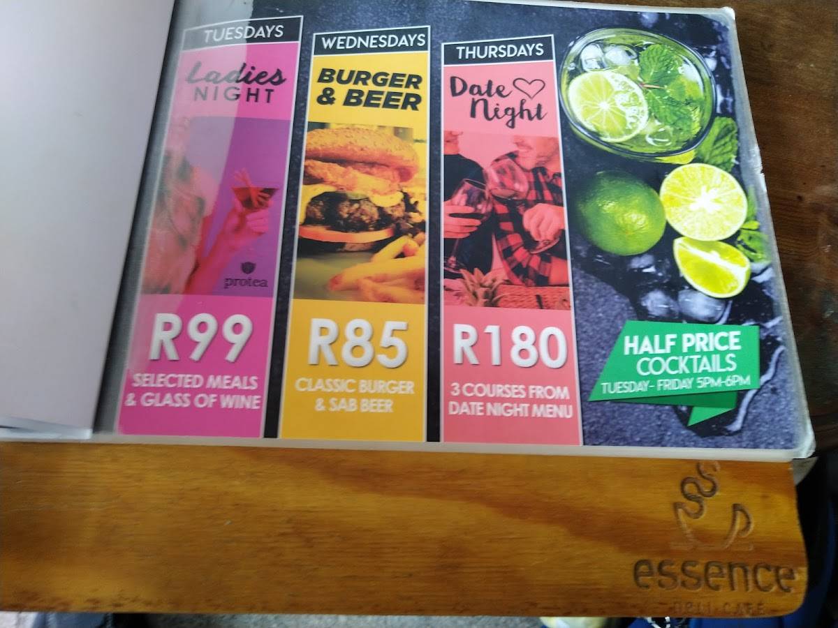 Menu at Essence. restaurant, Pietermaritzburg