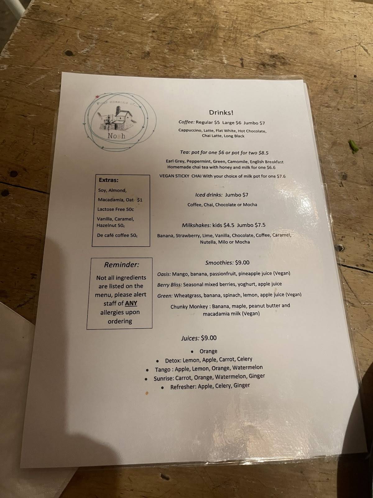 Menu at Four Seasons of Nosh cafe, Tanunda