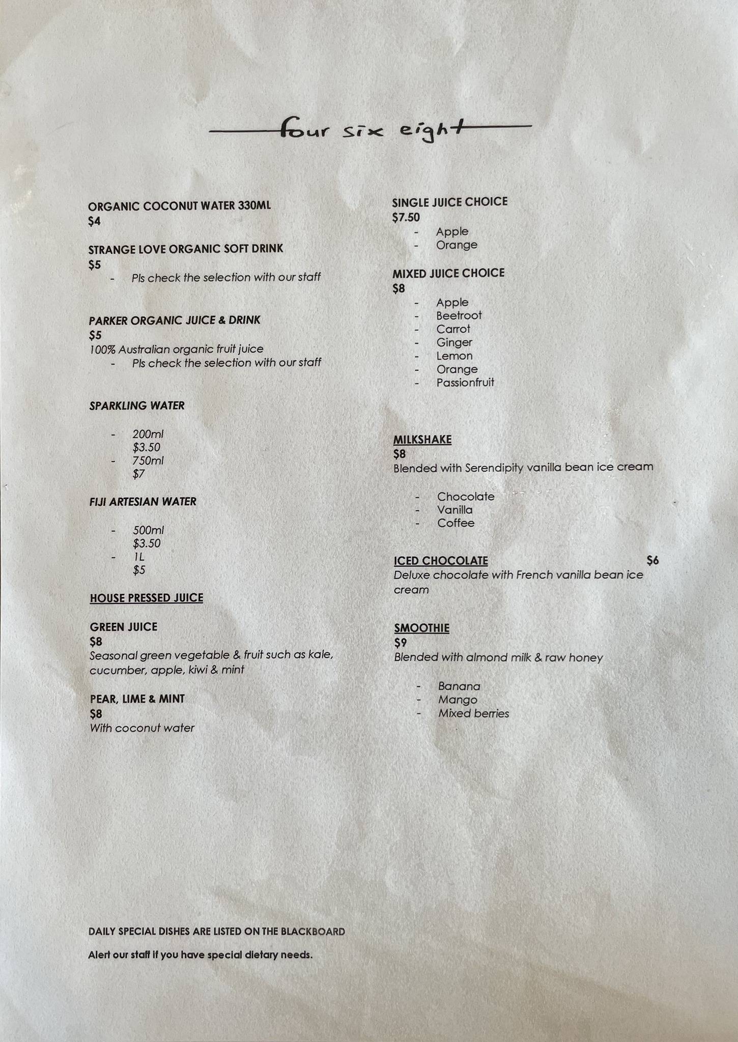 Menu at Four Six Eight Cafe, Paddington