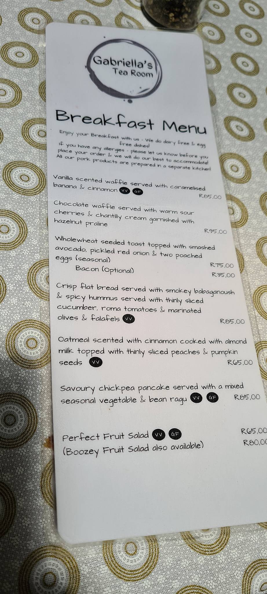 Menu at Gabriella's Tea Room cafe, Johannesburg