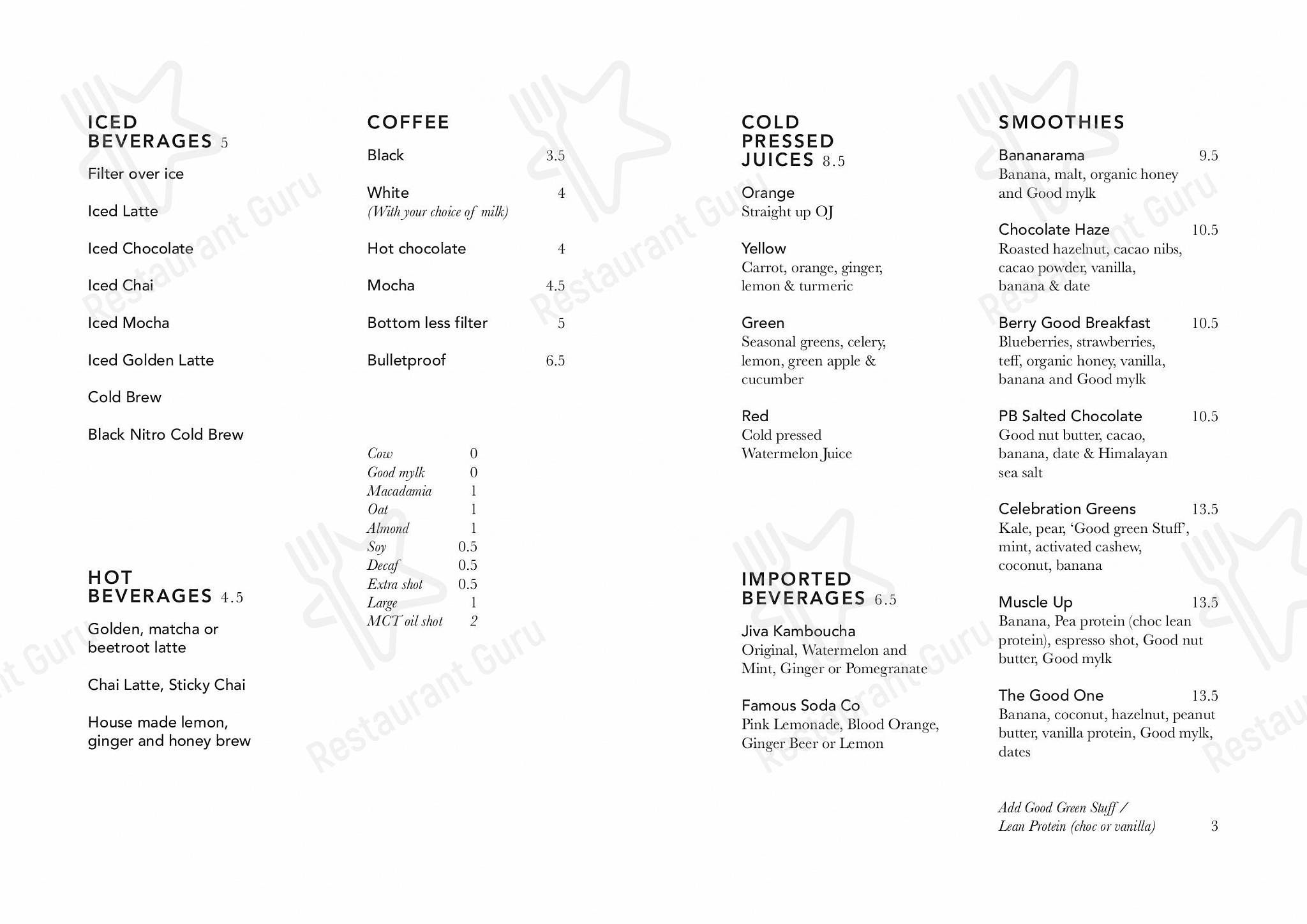 Carta de Good One Cafe Bondi Beach, Bondi Beach