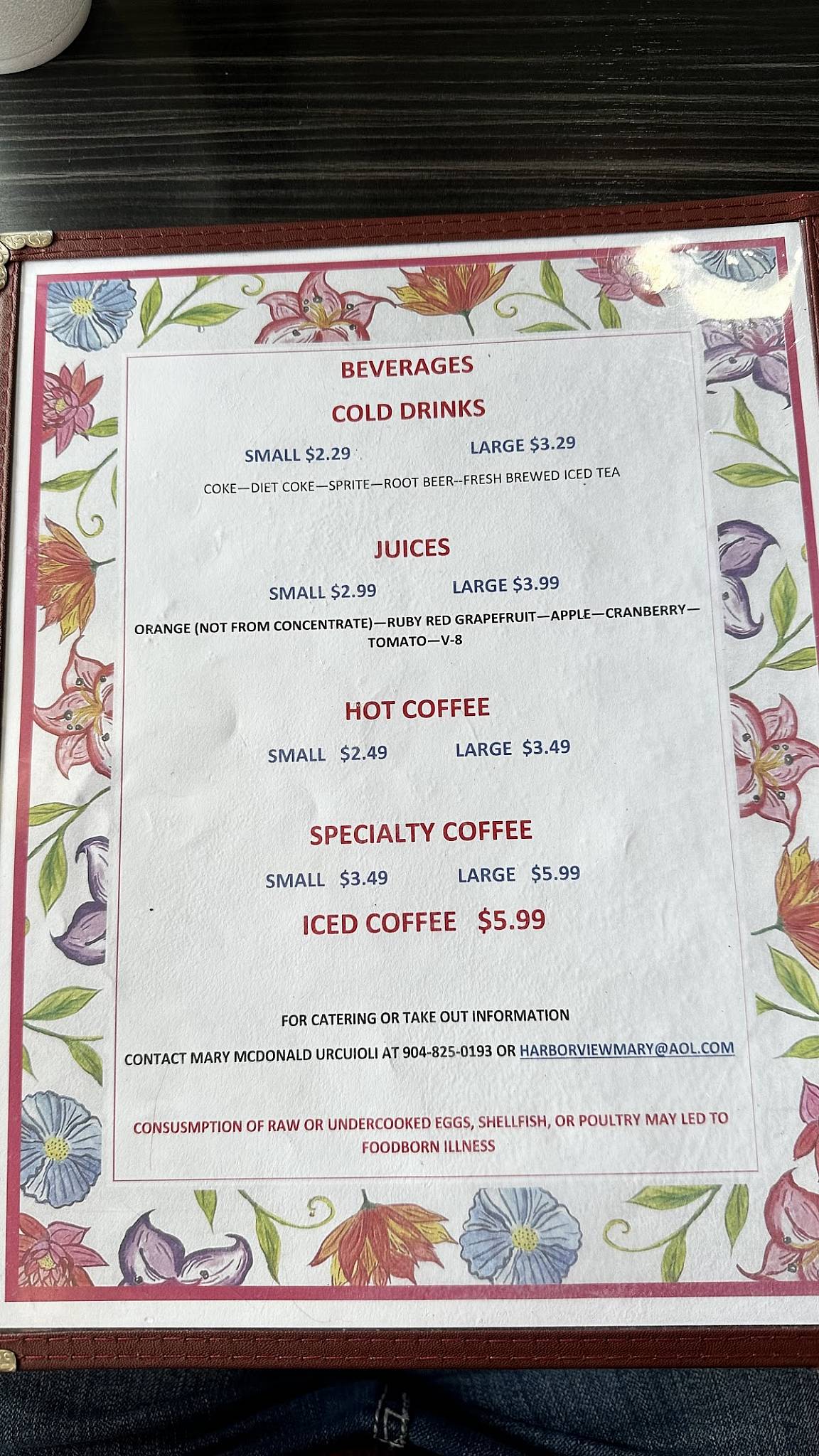 Menu at Harbor View Café cafe, St. Augustine