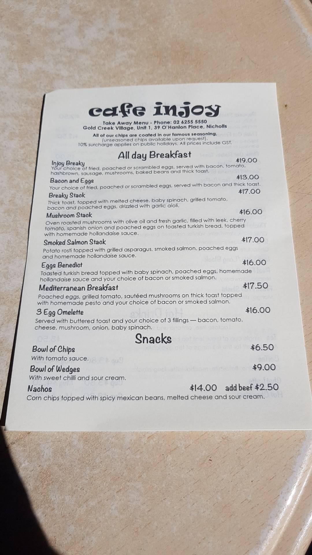 Menu at Cafe Injoy is Open 7 days a week., Nicholls