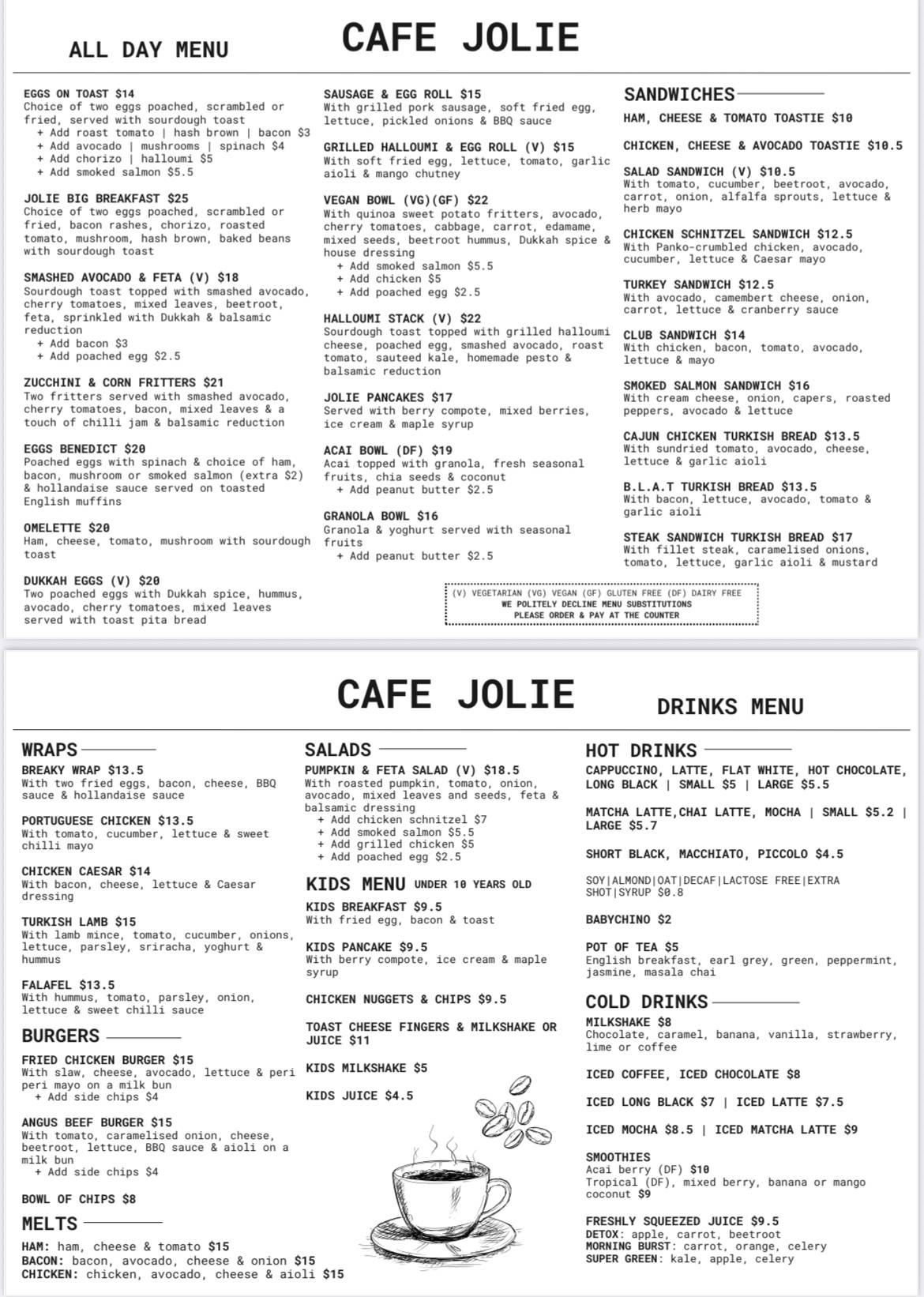 Menu at Cafe Jolie, Jannali