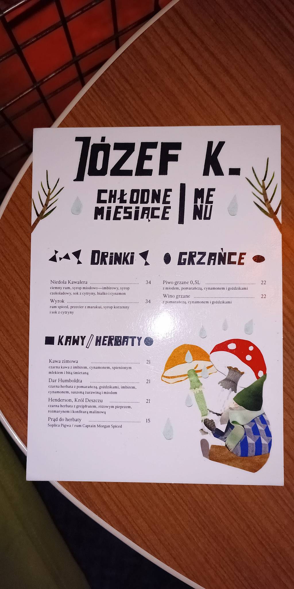 Menu at Józef K. cafe, Gdańsk