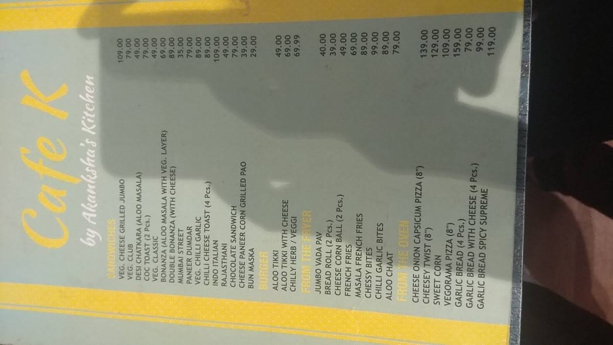Menu at Cafe K, Jaipur