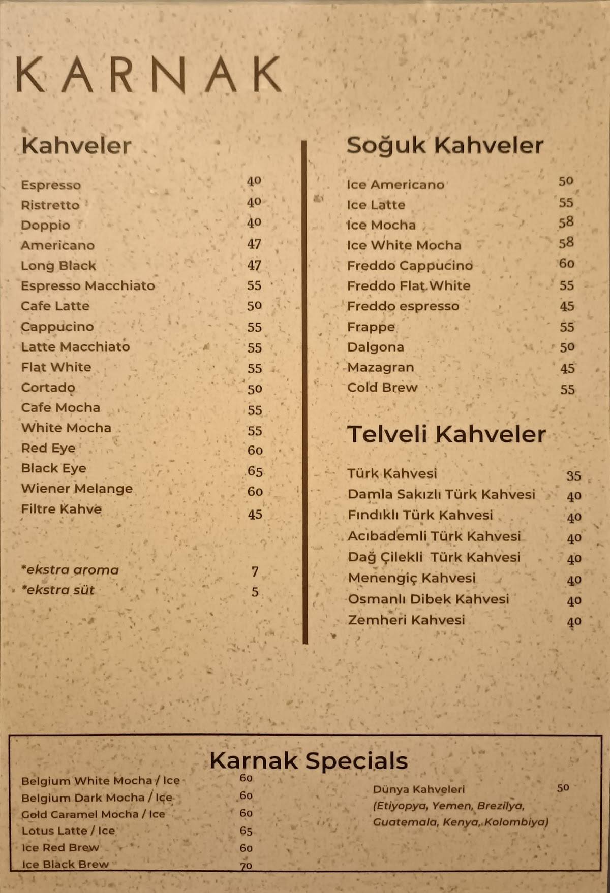 Carta de Karnak Kafe & Coffee shop, Estambul