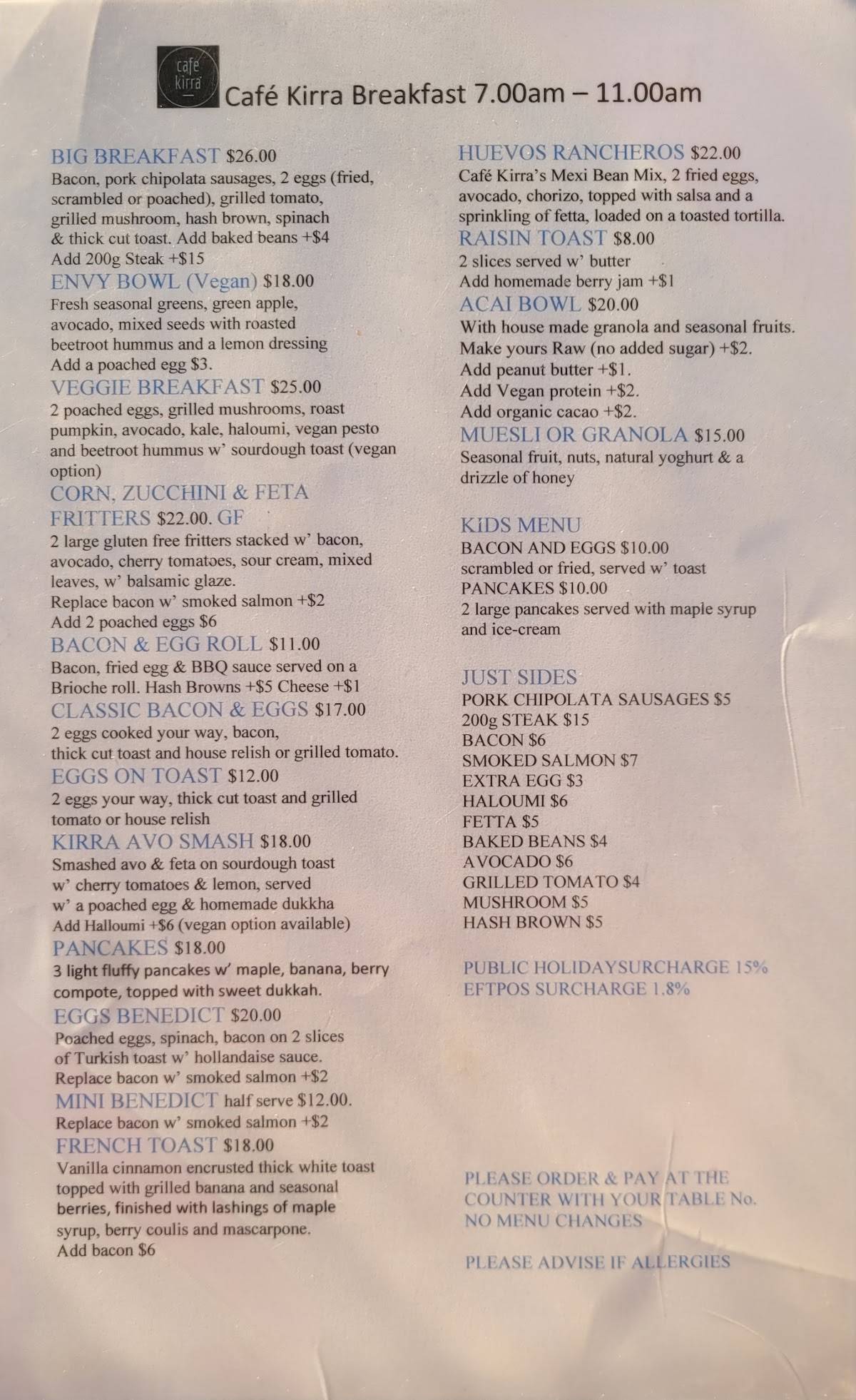 Menu at Cafe Kirra, Coolangatta