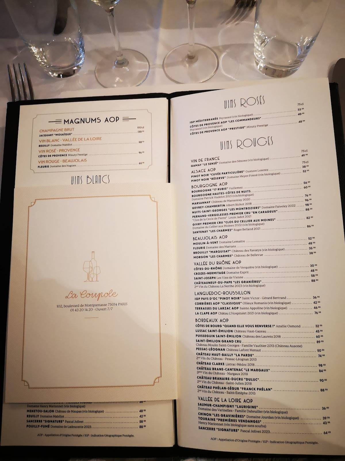 Menu au La Coupole café, Paris, 102 Boulevard du Montparnasse