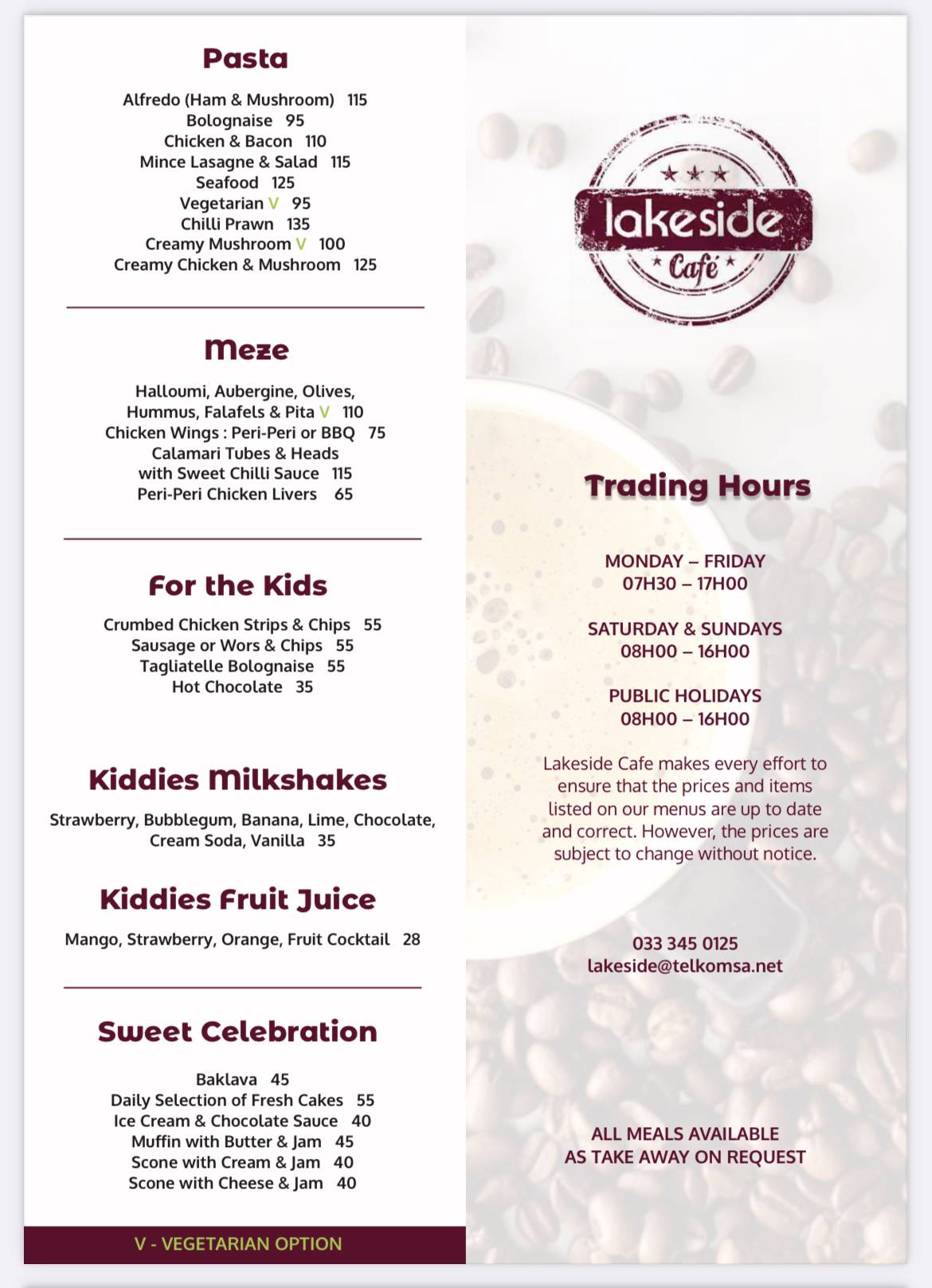 Menu at Lakeside Cafe - Coffee PMB, Pietermaritzburg