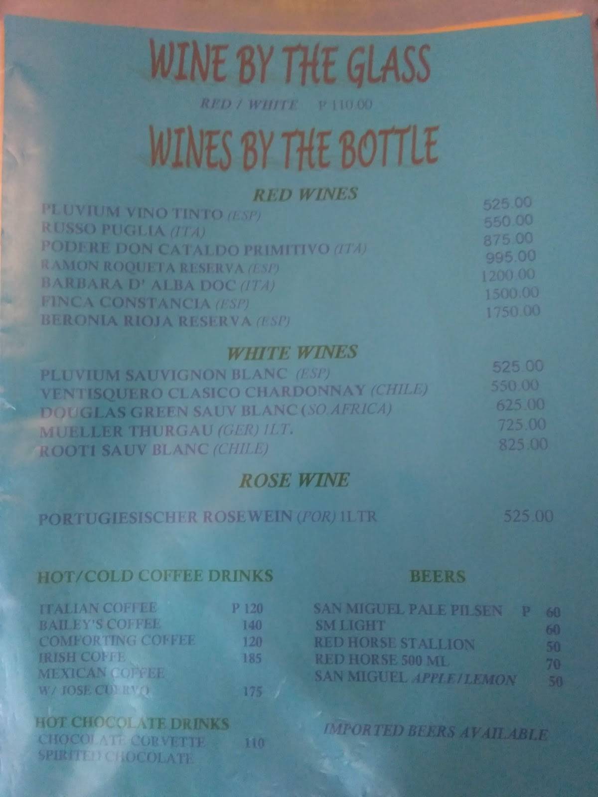 Menu at Cafe Leona, Vigan City
