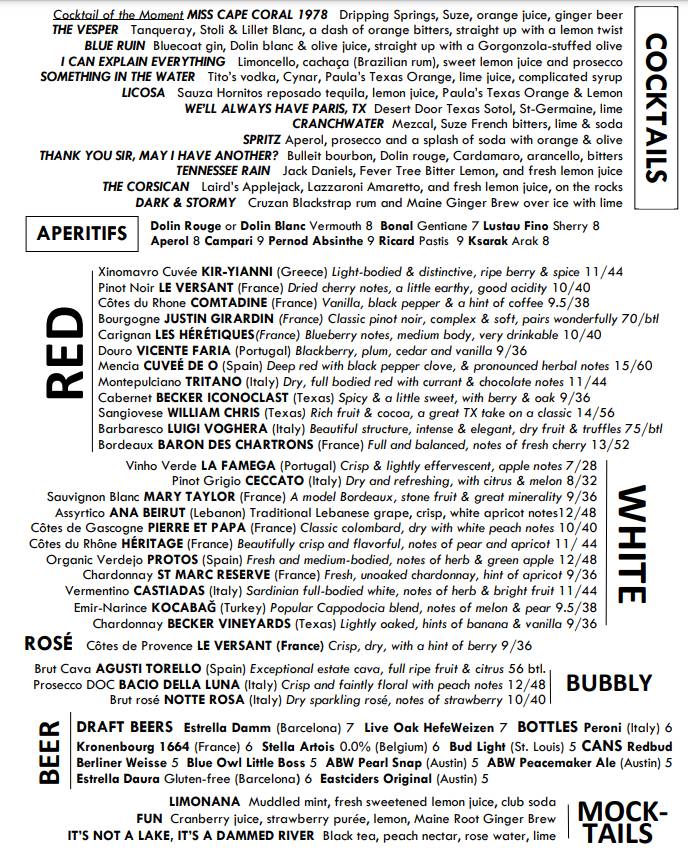 Menu at Cafe Malta, Austin
