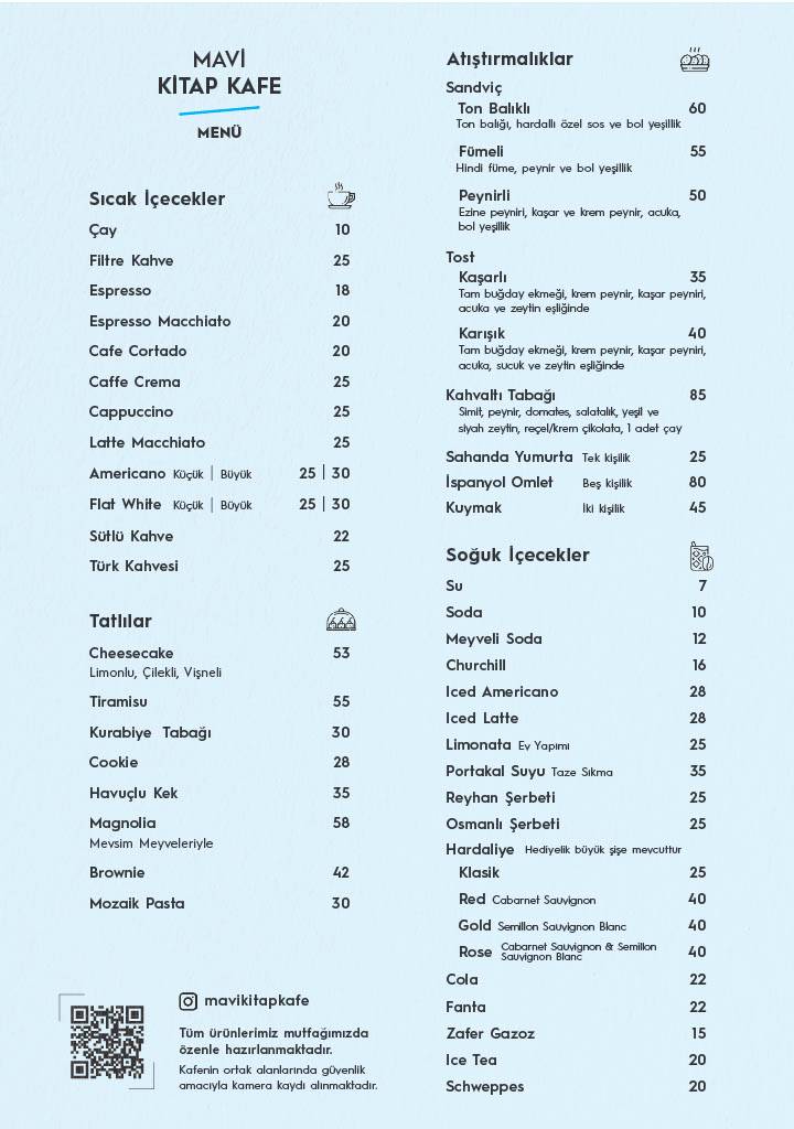 Menu at Mavi Kitap Kafe, Istanbul