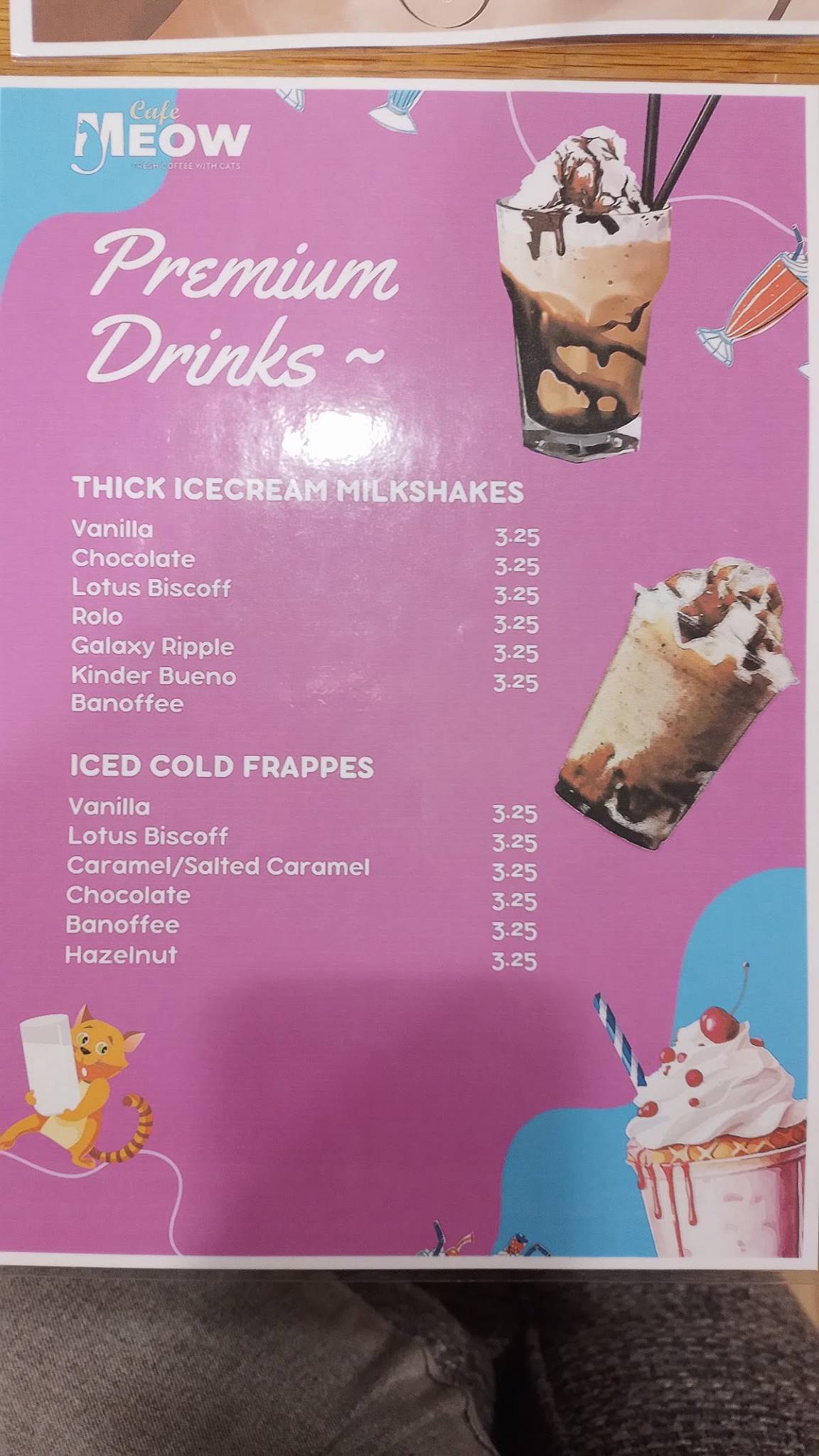 Menu at Cafe Meow, Blackpool