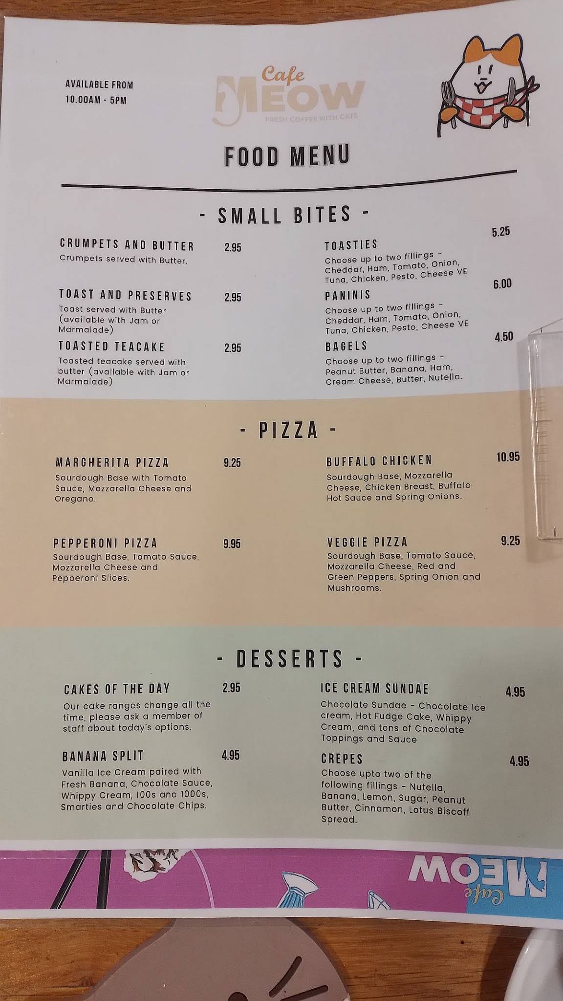 Menu at Cafe Meow, Blackpool