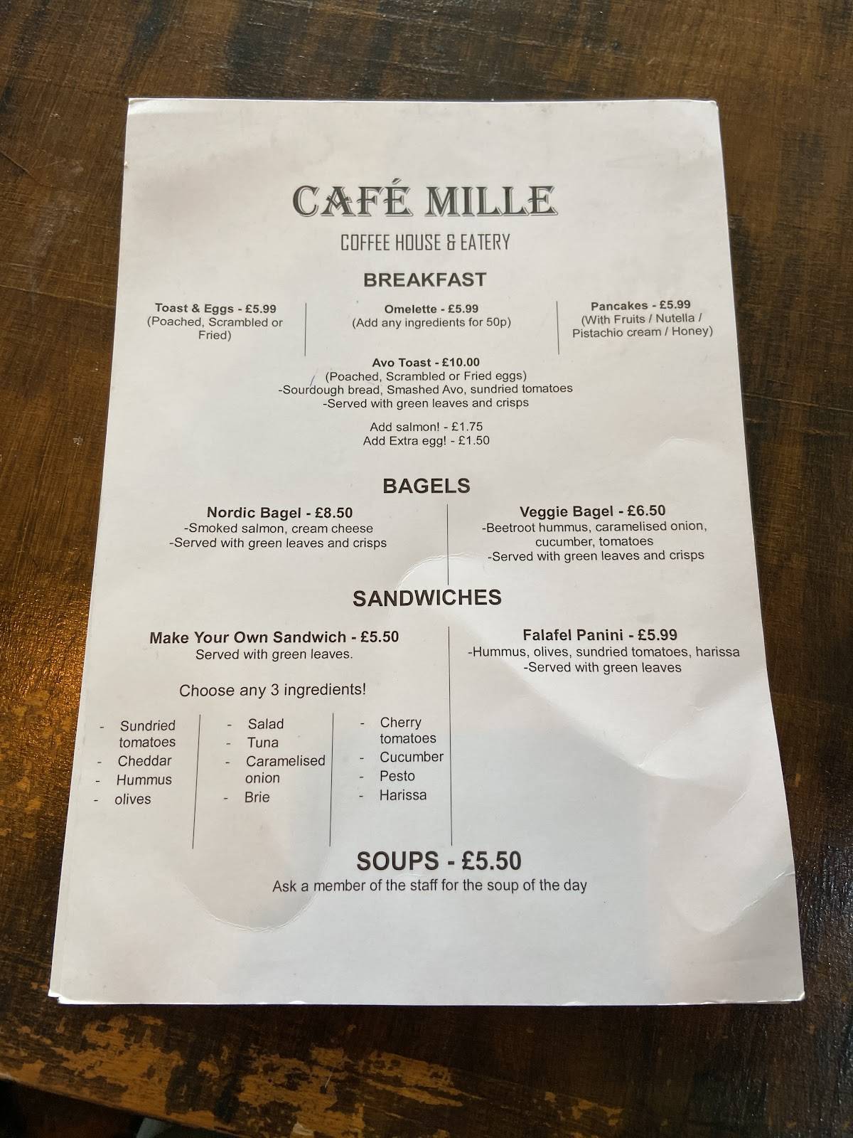 Menu at Café Mille restaurant, Glasgow