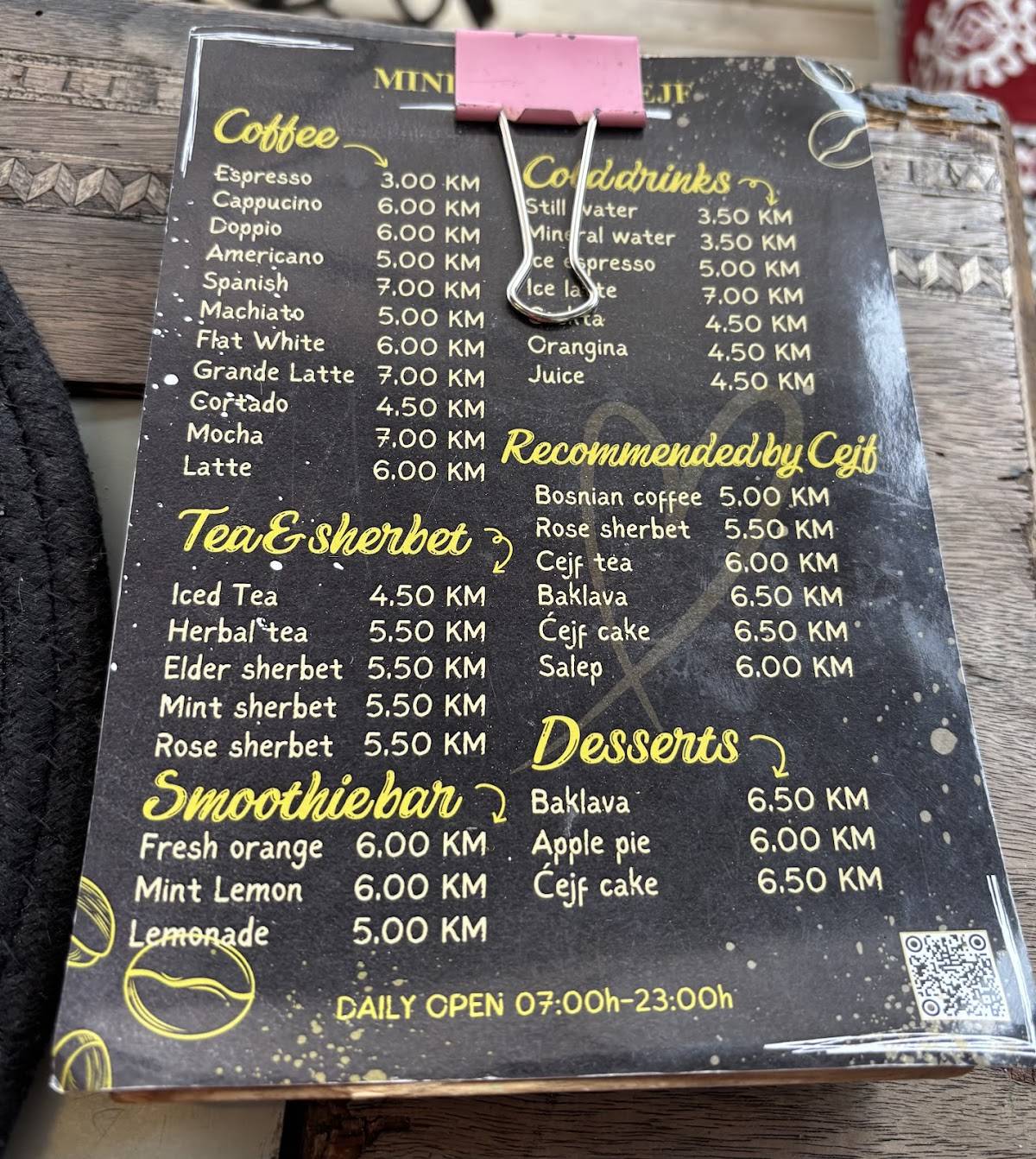 Menu at Ministry of Ćejf cafe, Sarajevo