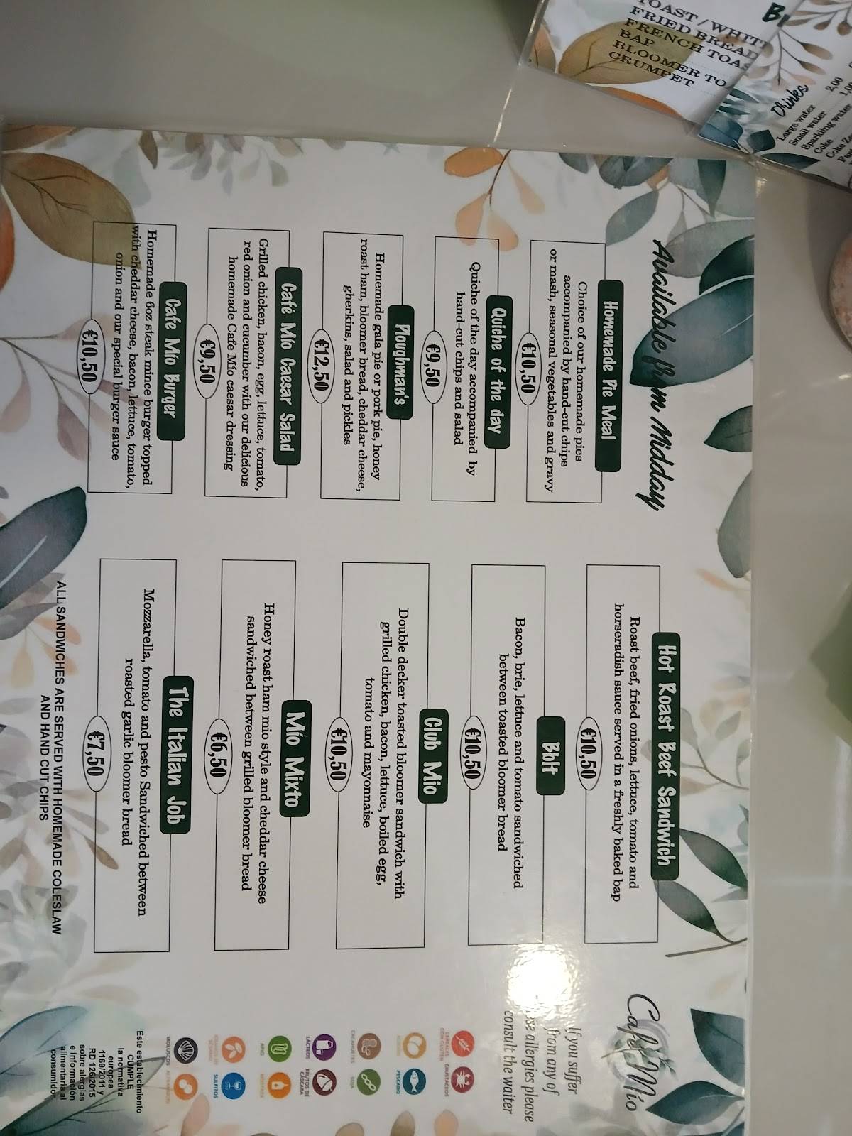 Menu at Café Mío, Pozo Aledo