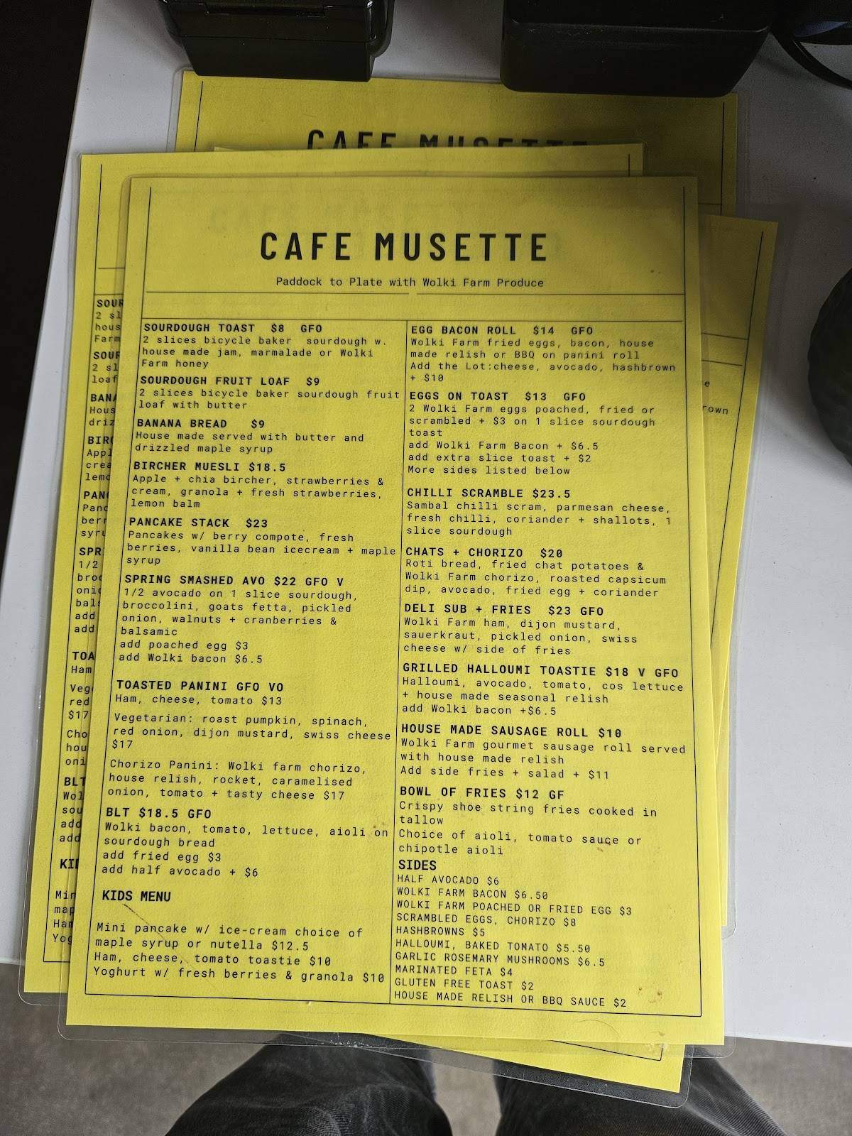 Menu at Cafe Musette, Albury
