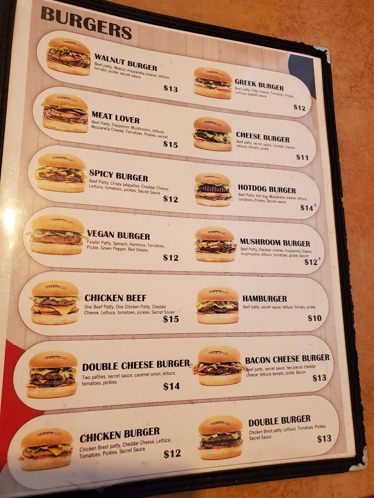 Menu at Next Stop Cafe, Winnipeg
