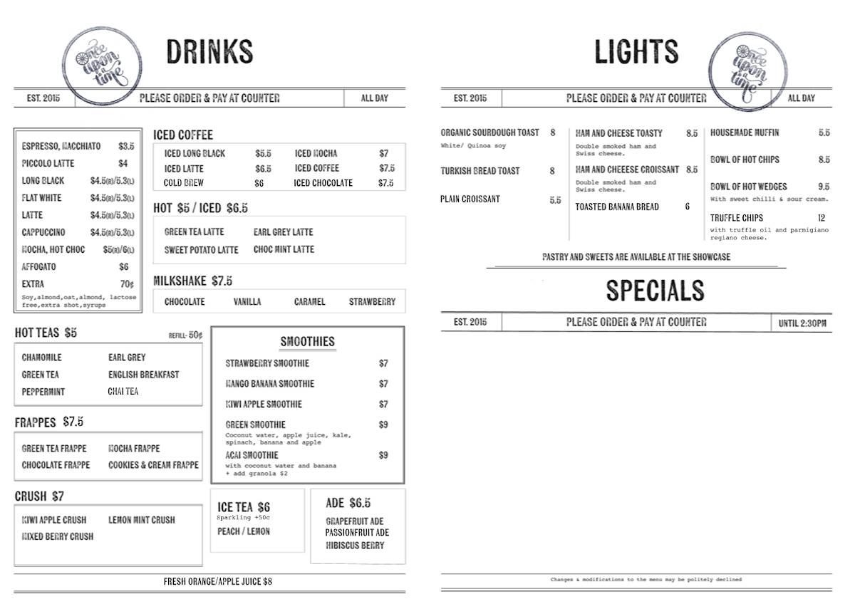 Menu at Cafe Once Upon a Time, West Ryde