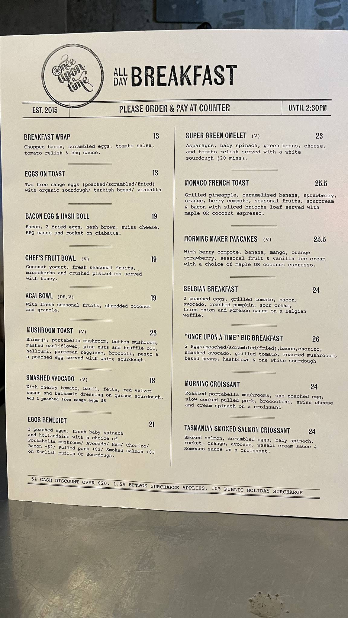 Menu at Cafe Once Upon a Time, West Ryde
