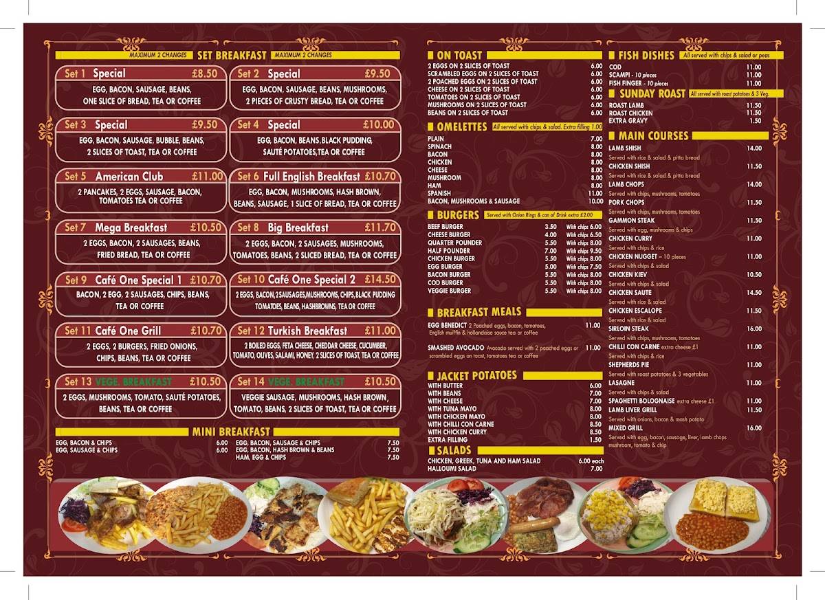 Menu at Cafe One, Potters Bar
