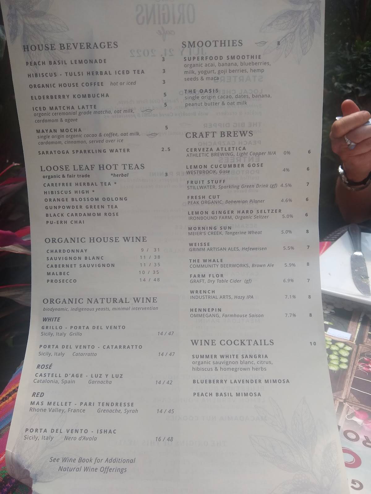Menu at Origins Cafe, Cooperstown