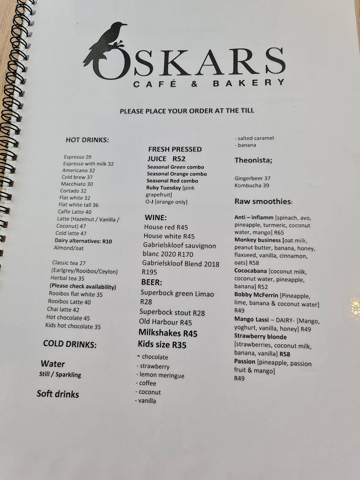 Menu at Oskars Bakery, Hermanus