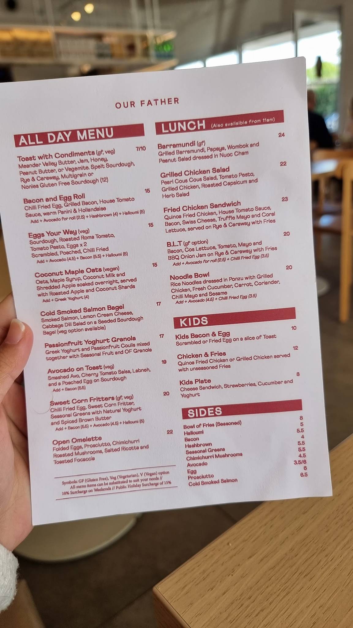 Menu at Our Father cafe, Woolooware