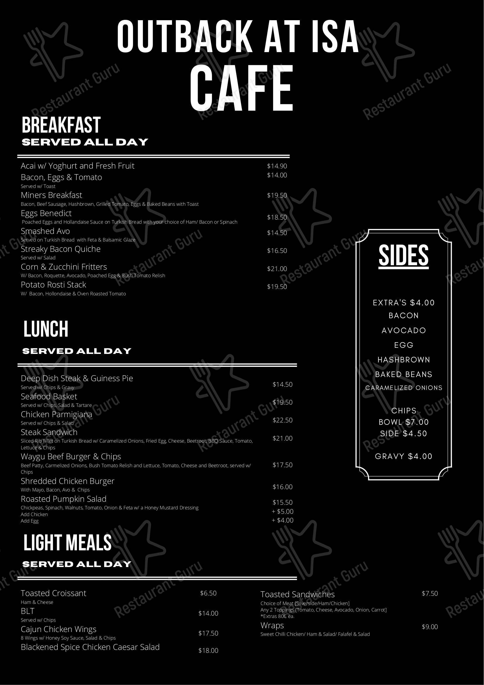 Menu at Outback at Isa cafe, The Gap